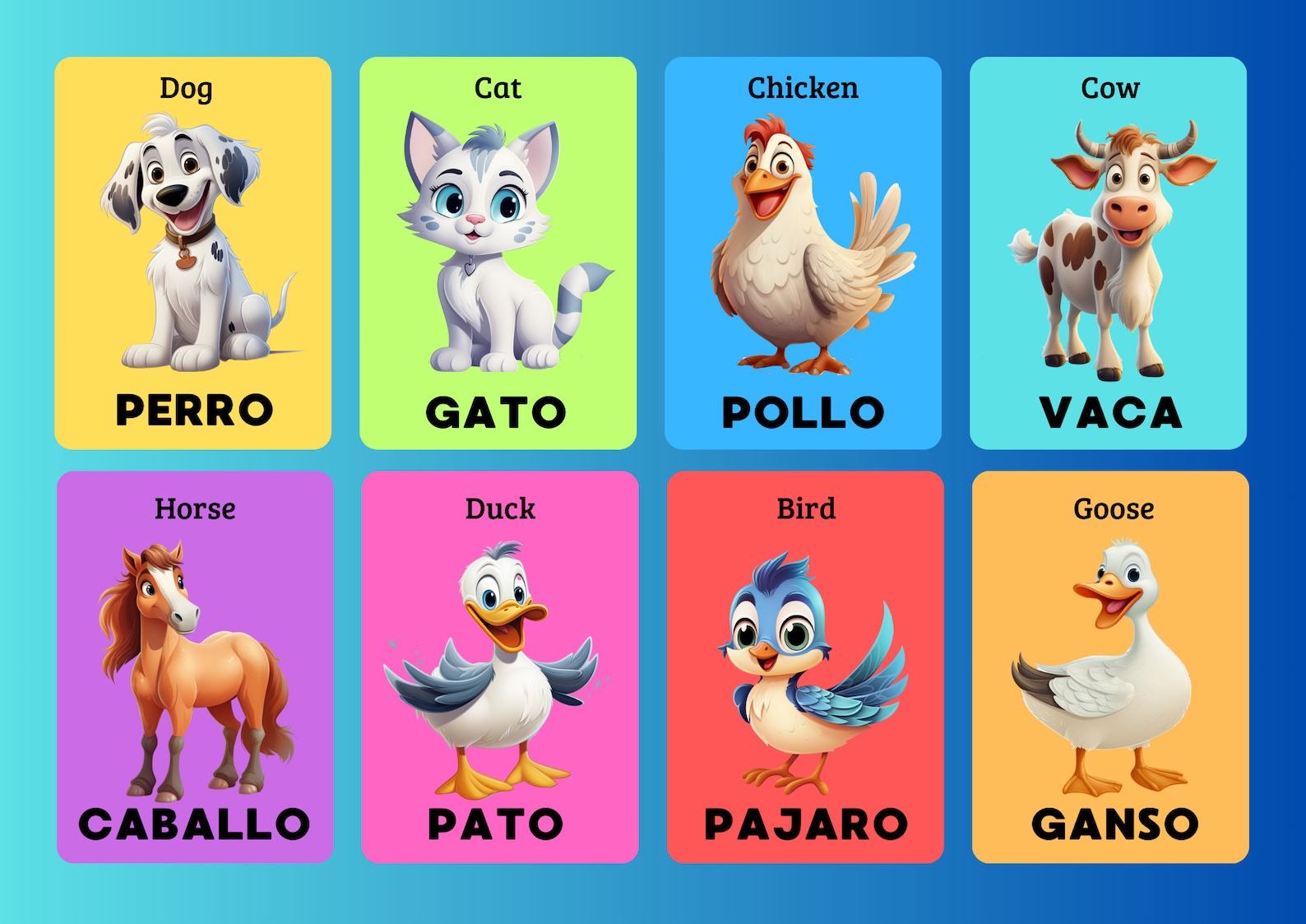 Flash Cards Animal Words, Learn English-spanish Words, Printable Cards ...