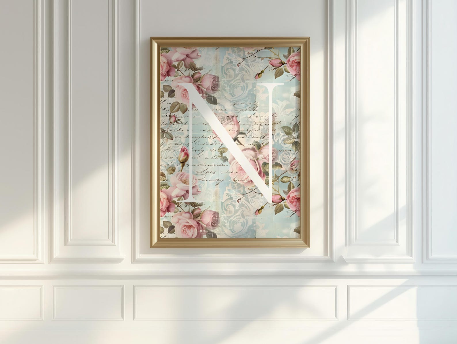 Custom Initial Sky Blue Pink Roses French Coquette Print Chinoiserie ...