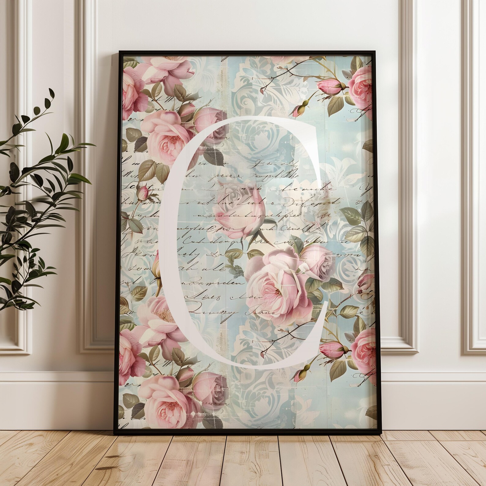 Custom Initial Sky Blue Pink Roses French Coquette Print Chinoiserie ...