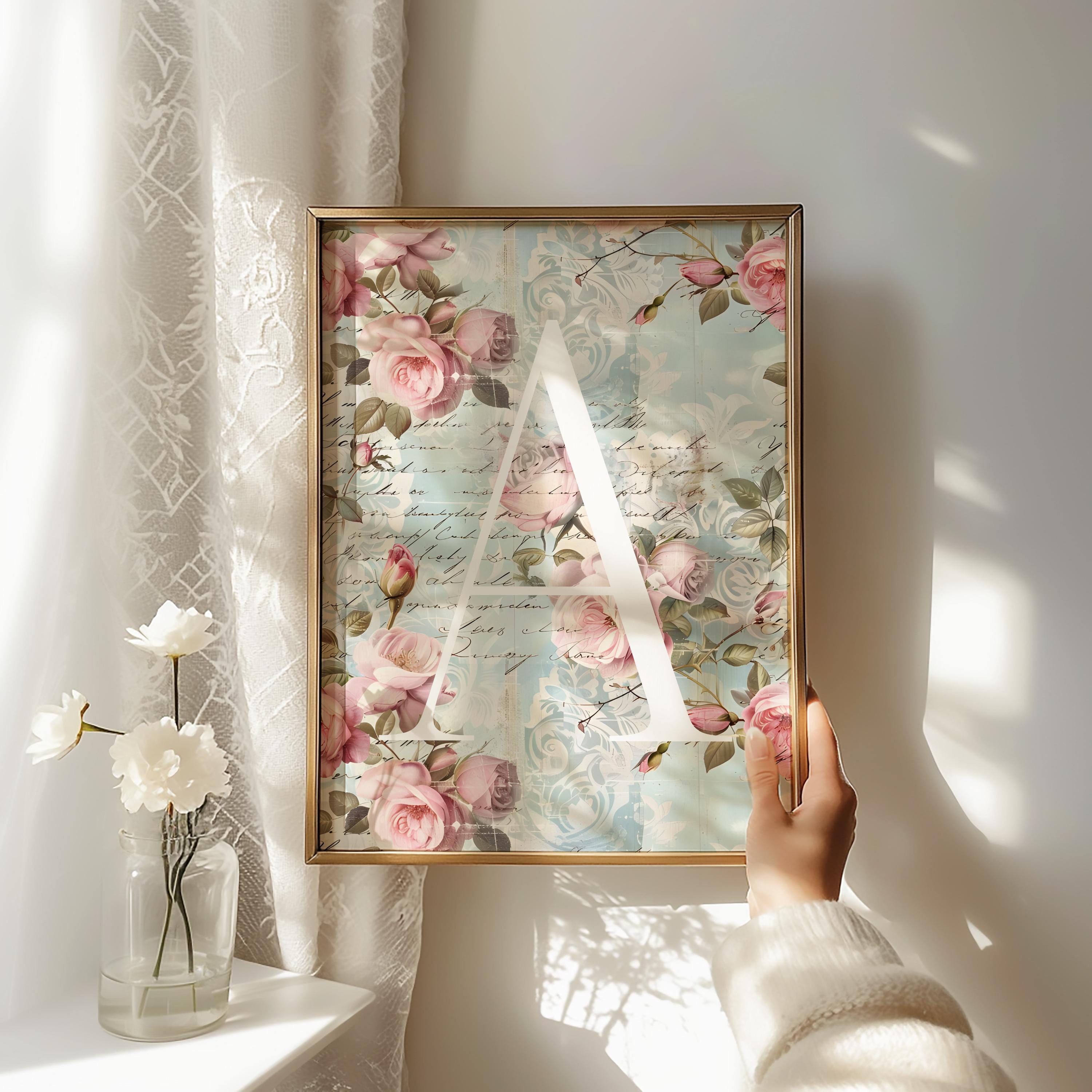Custom Initial Sky Blue Pink Roses French Coquette Print Chinoiserie ...