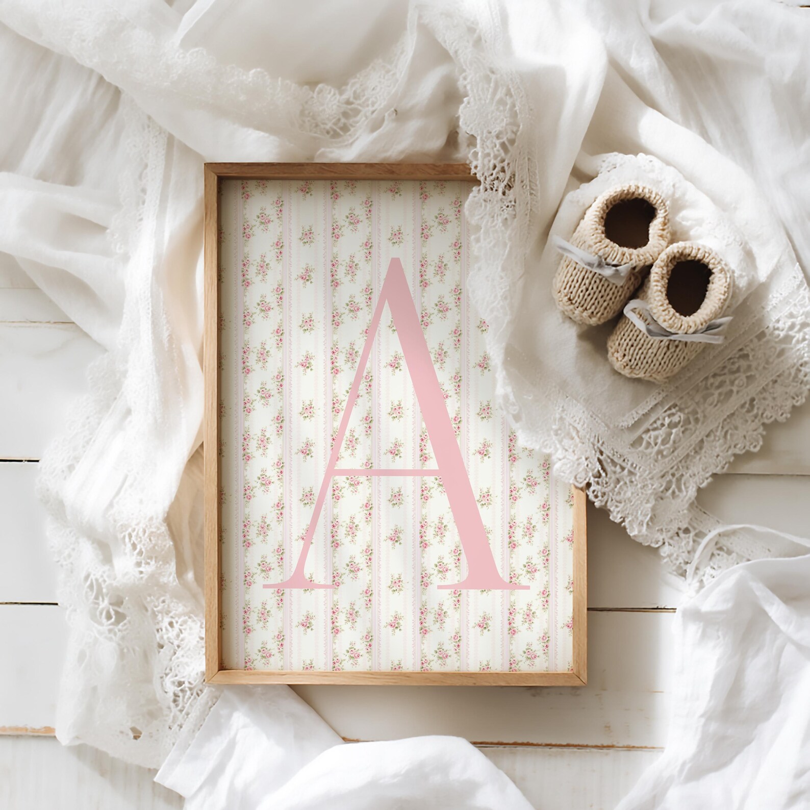Custom Initial Pink Roses Stripes Cottagecore Print Baby in Bloom Room ...