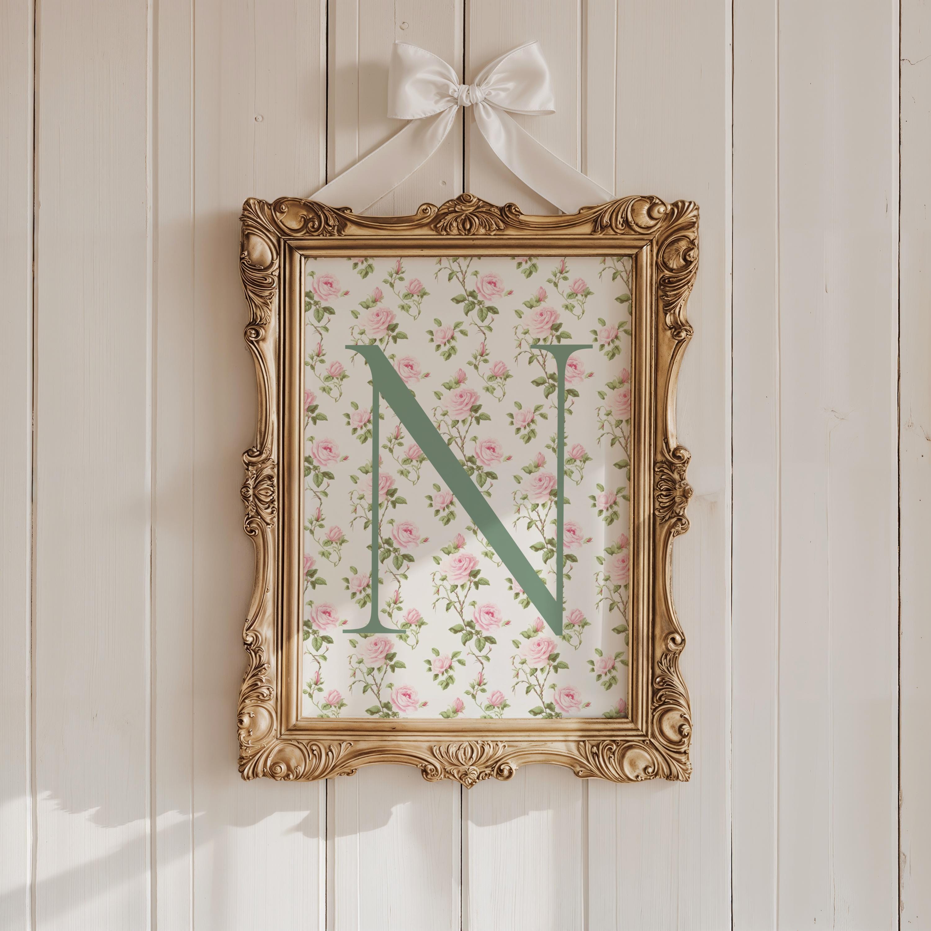 Custom Pink Roses Sage Green Initial Print Baby in Bloom Chinoiserie ...