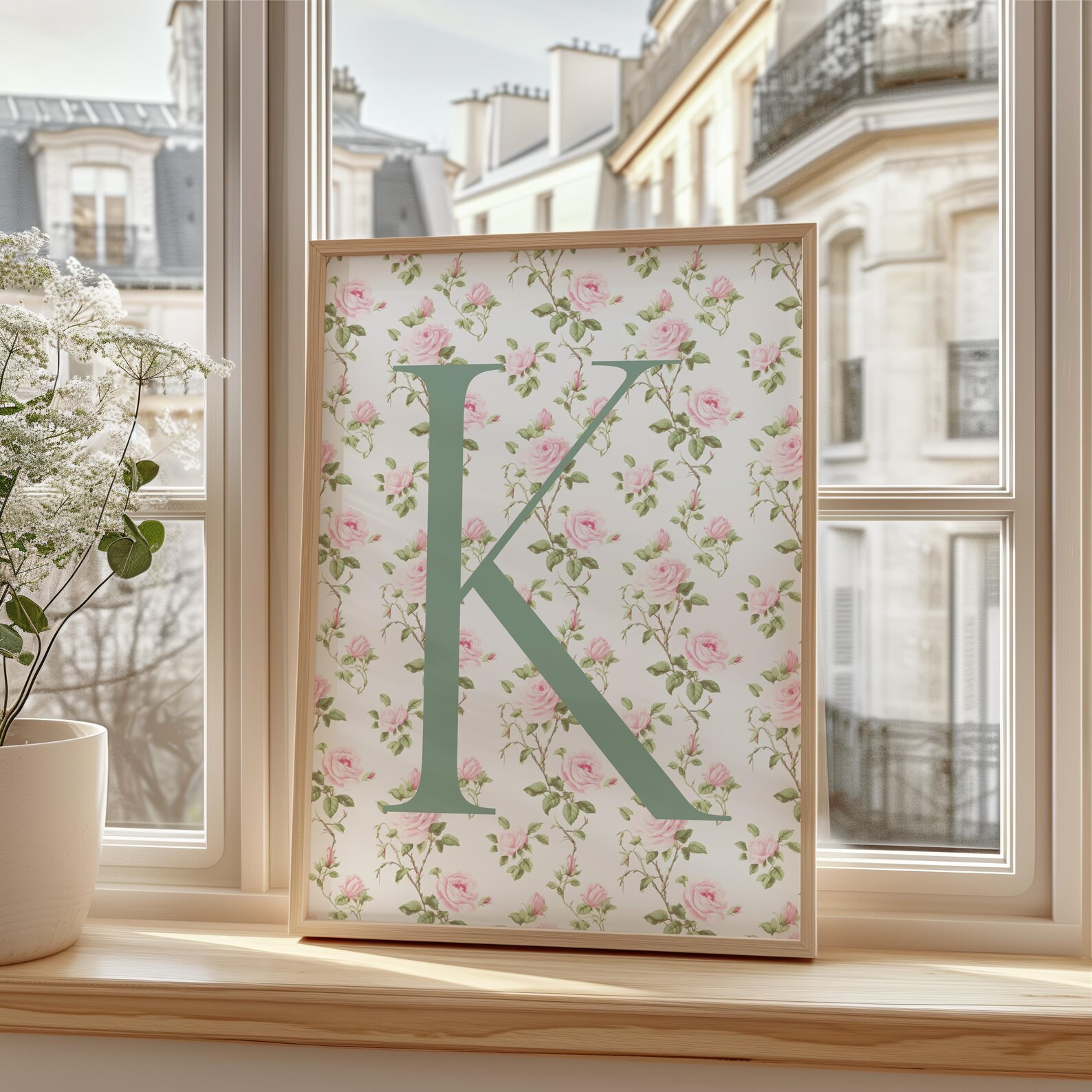 Custom Pink Roses Sage Green Initial Print Baby in Bloom Chinoiserie ...
