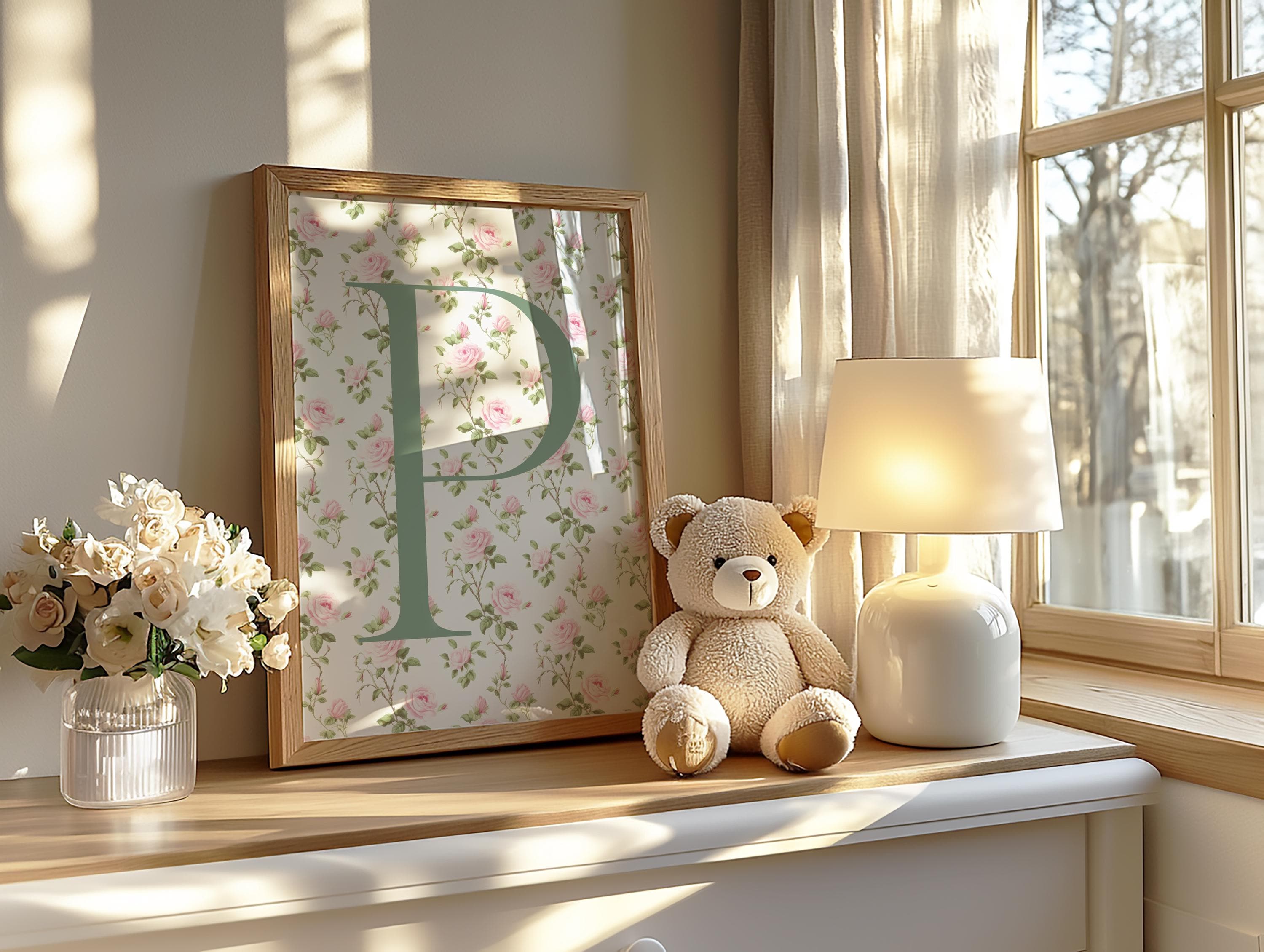 Custom Pink Roses Sage Green Initial Print Baby in Bloom Chinoiserie ...