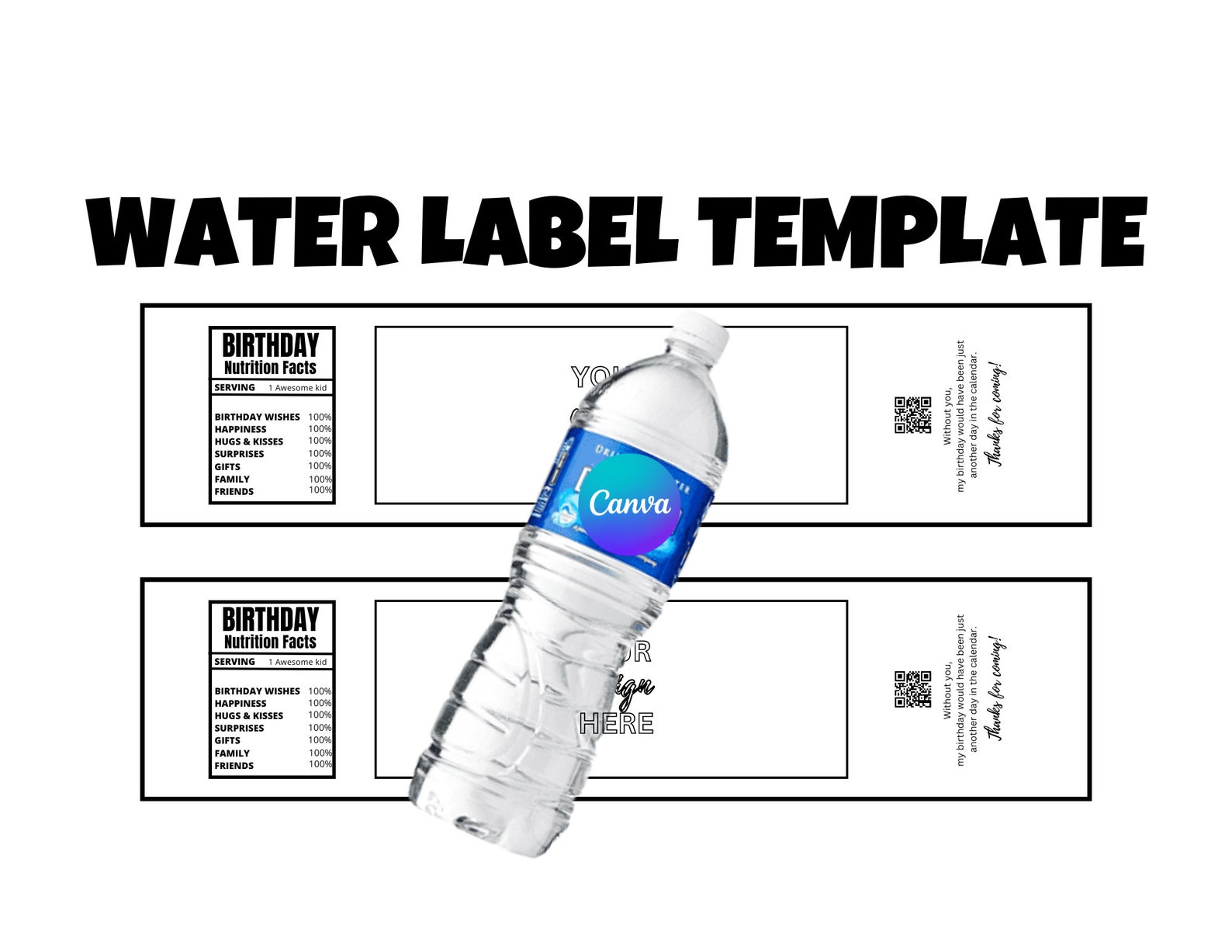 Water Bottle Labels Template, Water Bottle Label Blank Template, Canva ...