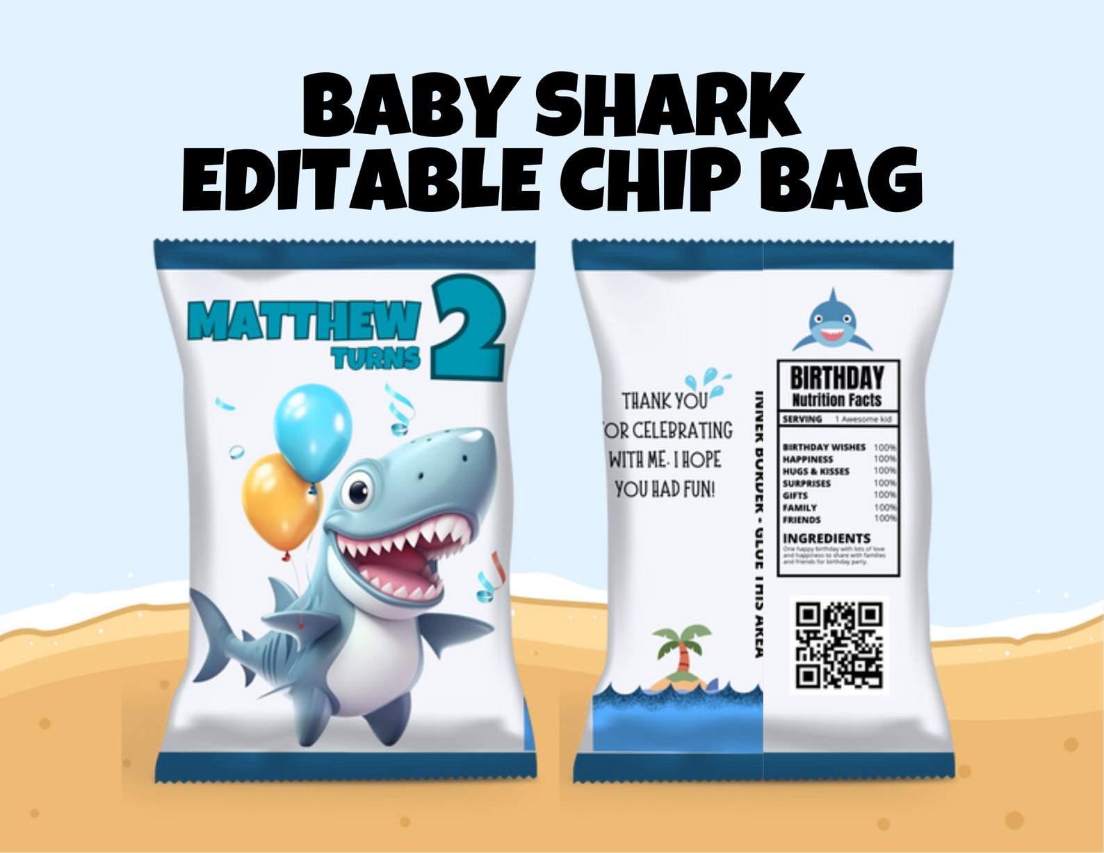 Baby Shark Editable Chip Bag Template, Baby Shark Birthday Party for ...