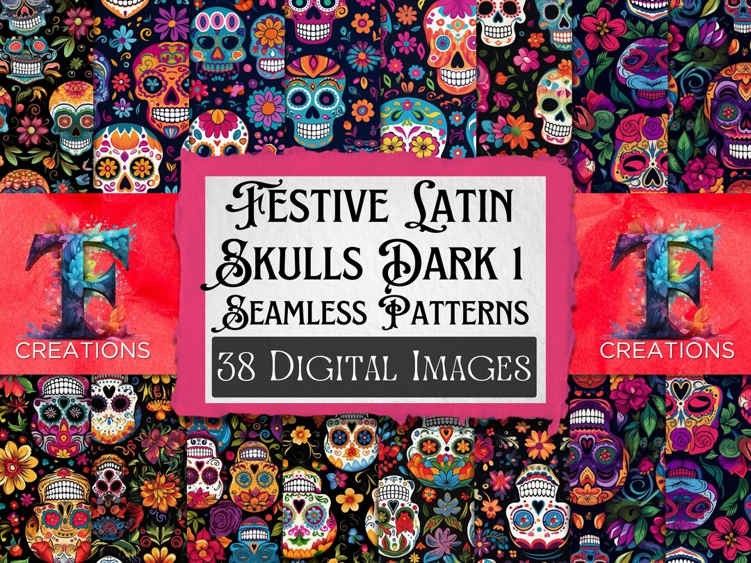 39 Sugar Skulls Black Background 1, Seamless Pattern, Sugar Skull ...