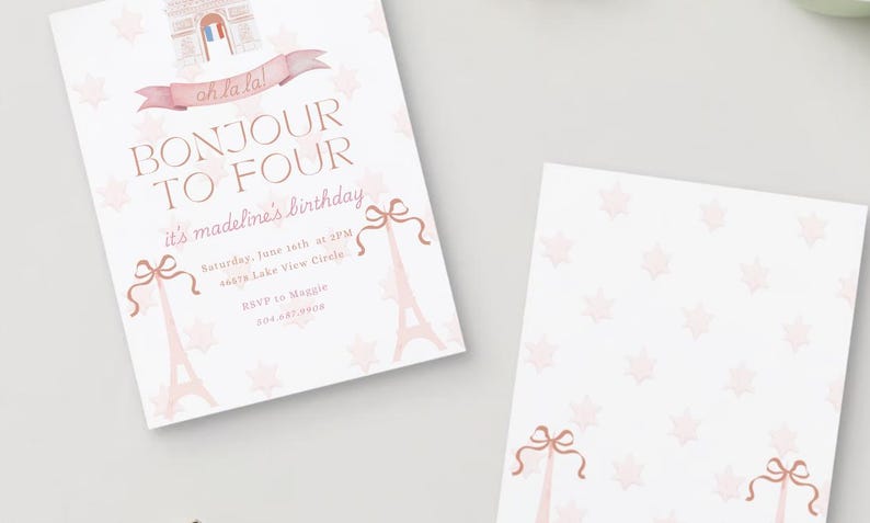 Personalized French Themed Invitation, Bonjour to Four, Preppy Paris ...