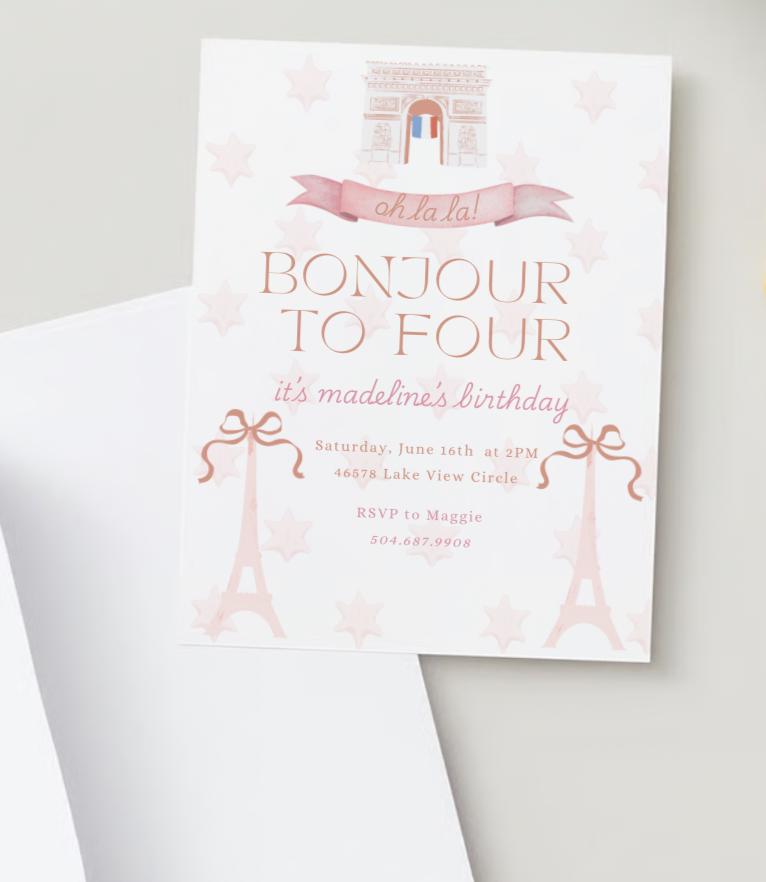 Personalized French Themed Invitation, Bonjour to Four, Preppy Paris ...
