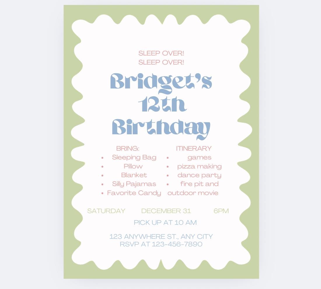 Sleepover Birthday Party Invitation, Instant Digital Download, Canva ...