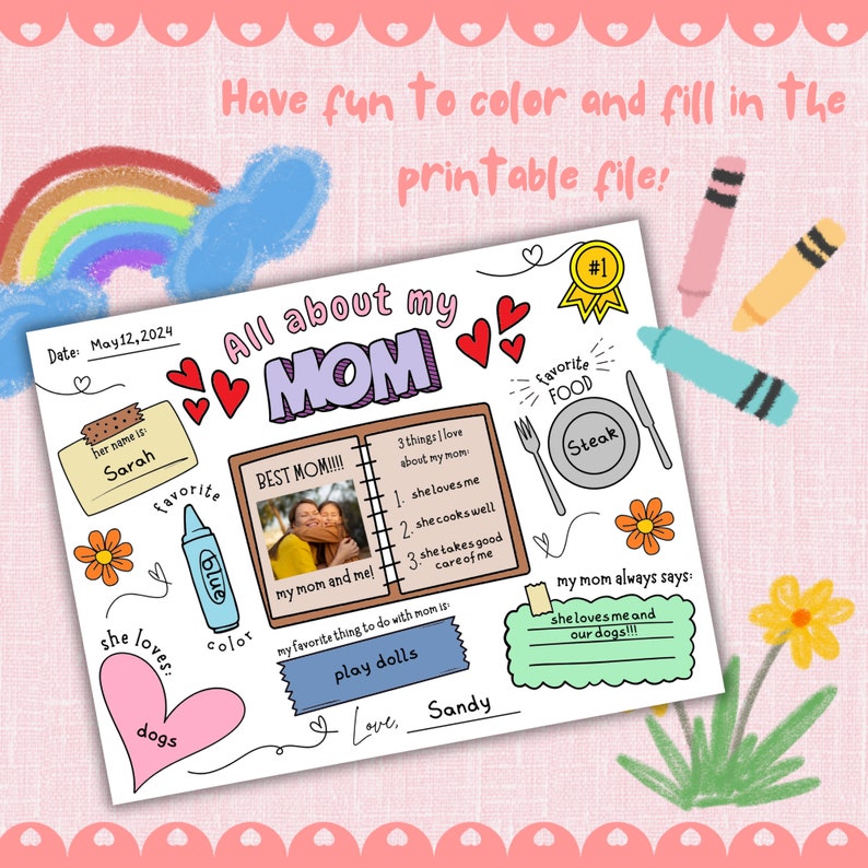 Mother's Day Printable, All About My Mom, Mothers Day Gift, Card for ...