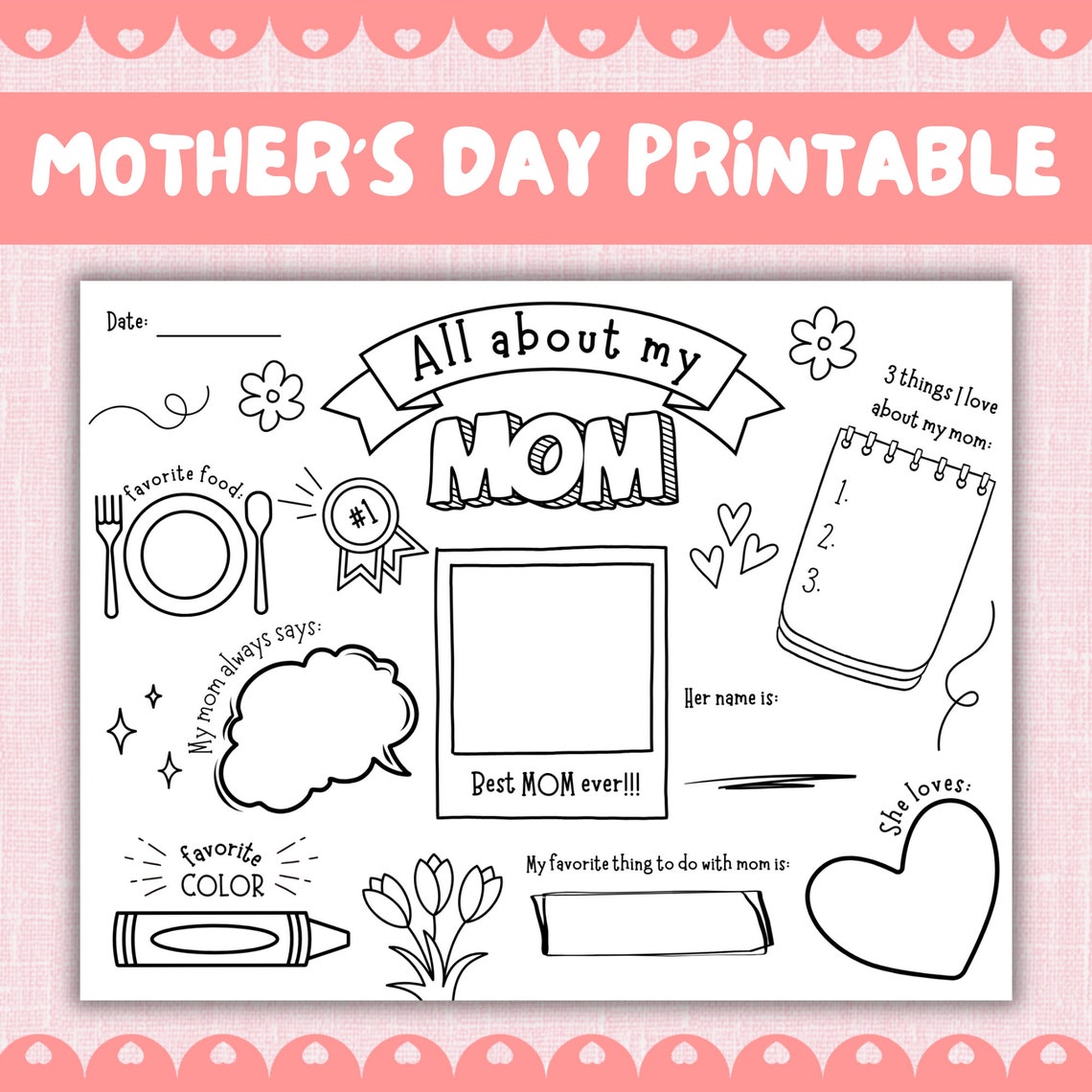 Mother's Day Printable, All About My Mom, Mothers Day Gift, Card for ...