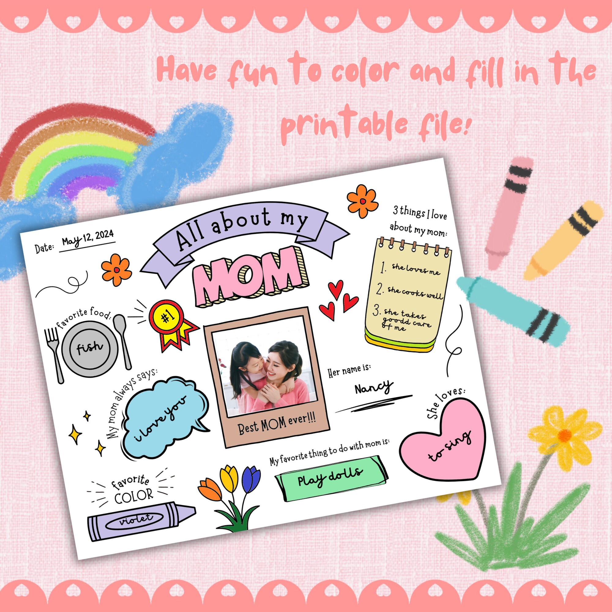 Mother's Day Printable, All About My Mom, Mothers Day Gift, Card for ...