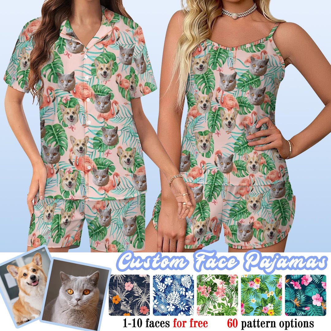 Custom Hawaiian Silk Pajamas With Face, Personalized Short Sleeve Satin ...