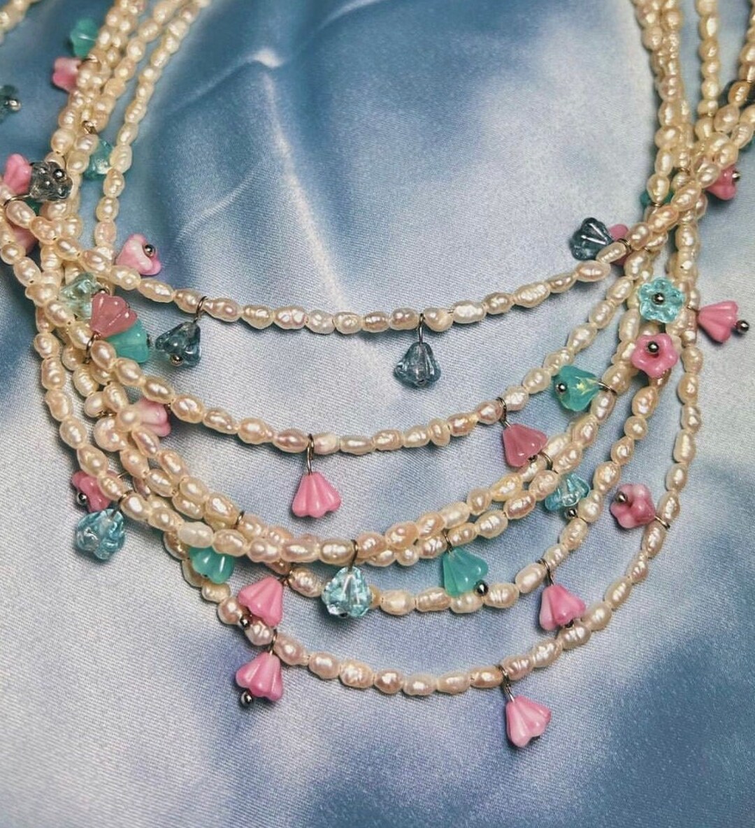 Mini White Pearls Necklace With Mini Pastel Color Flower Bell Charms ...