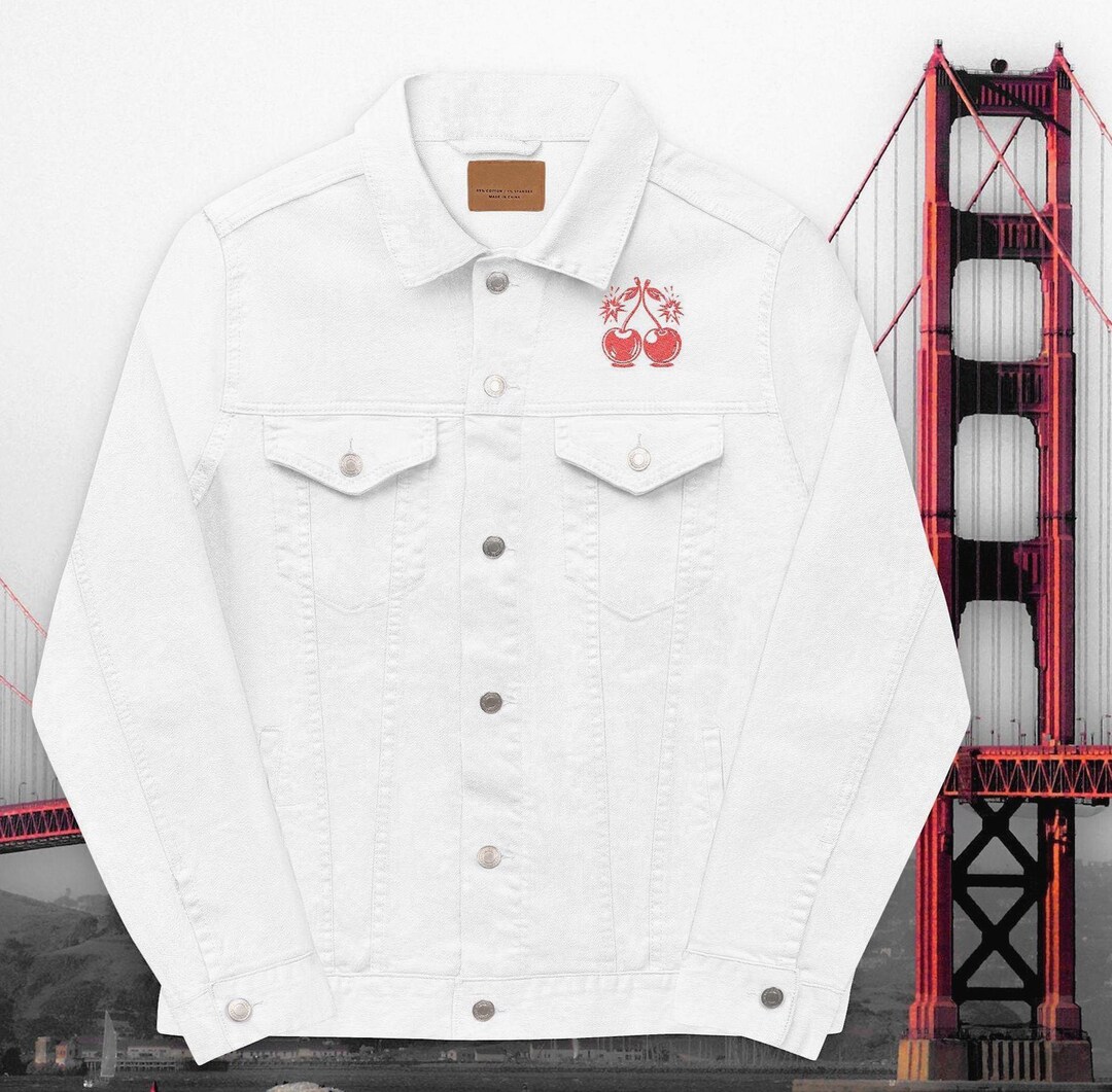 Cherry Embroidered Denim Jacket - Retro Jean Jacket With Red Cherries ...