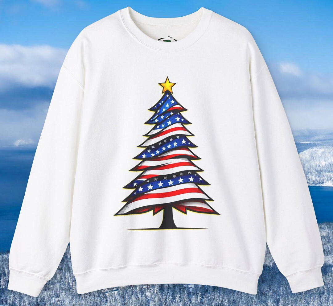 AMERICA Flag CHRISTMAS Tree Cute Sweatshirt - Red White & Blue X-mas ...
