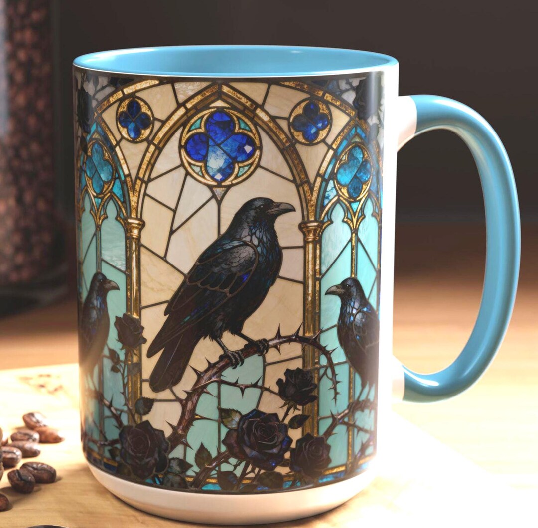 Gothic Raven Stained Glass Mug | Crows With Thorned Roses | Perfect ...