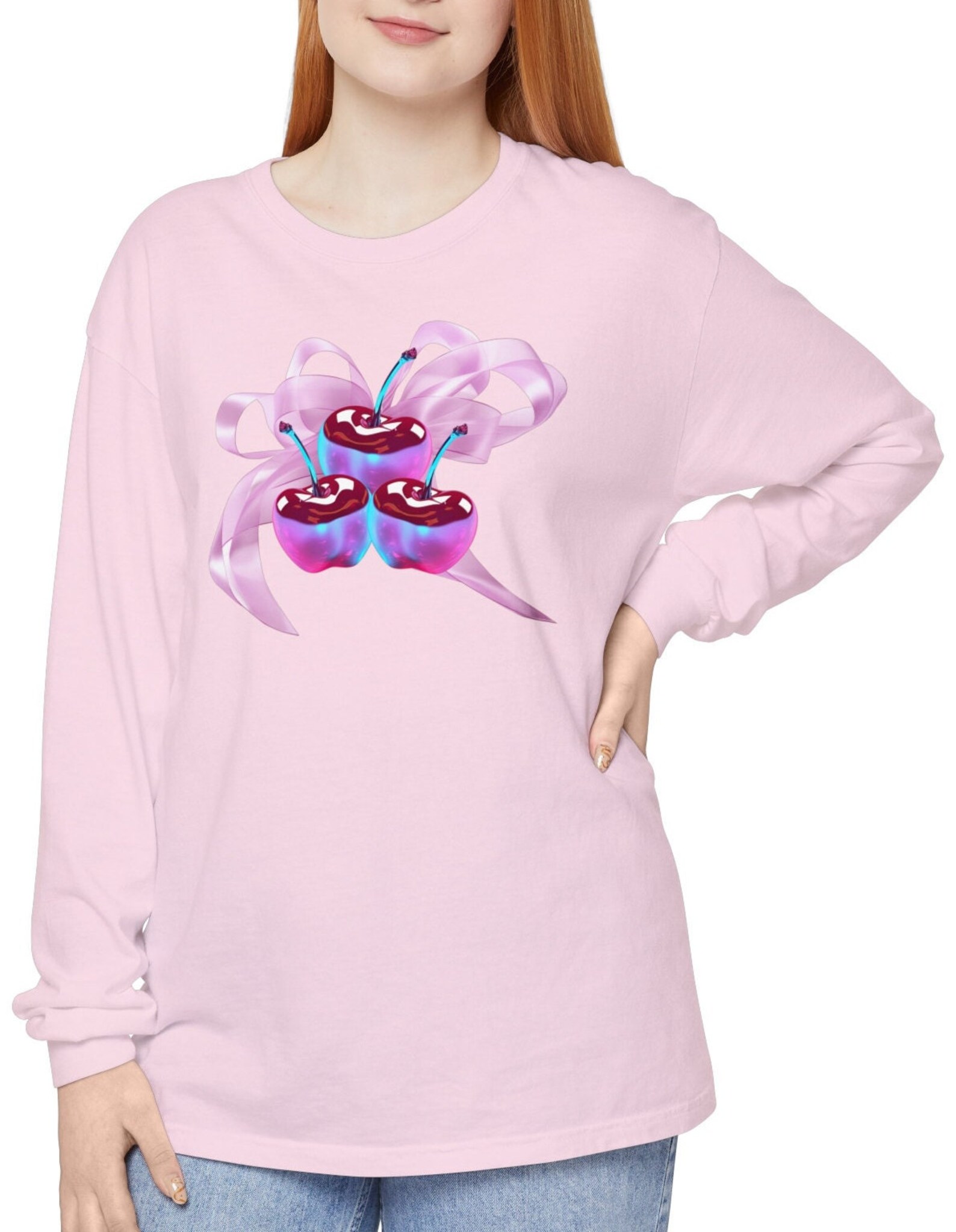 CHERRY COQUETTE Top, Y2k Pink Ribbon Longsleeve Tee, Cherry Retro Rave ...