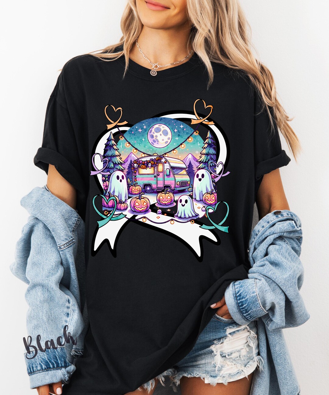 Spooky Cute Ghost Camping Halloween Comfort Color Tee, Retro Camper Van ...