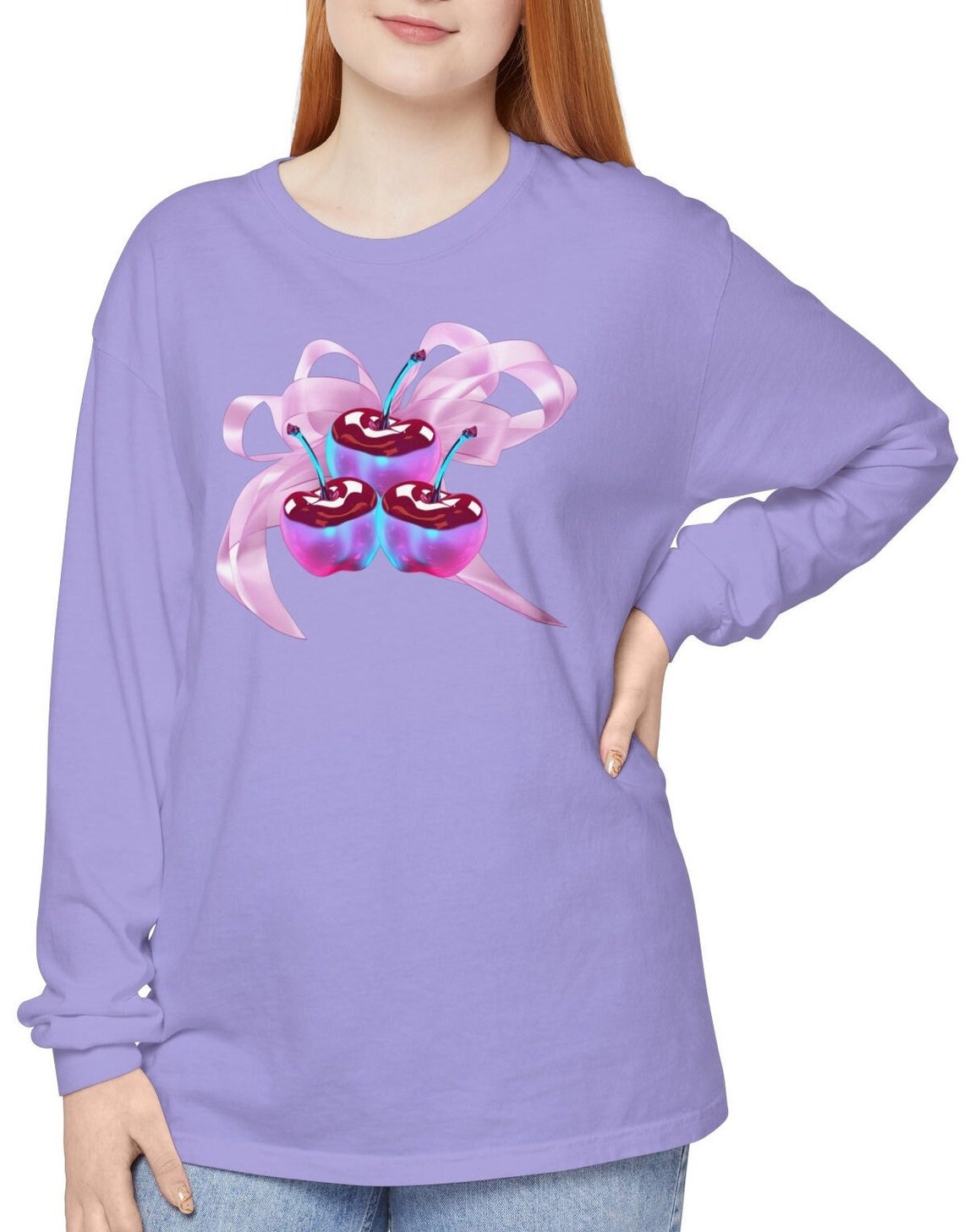 CHERRY COQUETTE Top, Y2k Pink Ribbon Longsleeve Tee, Cherry Retro Rave ...