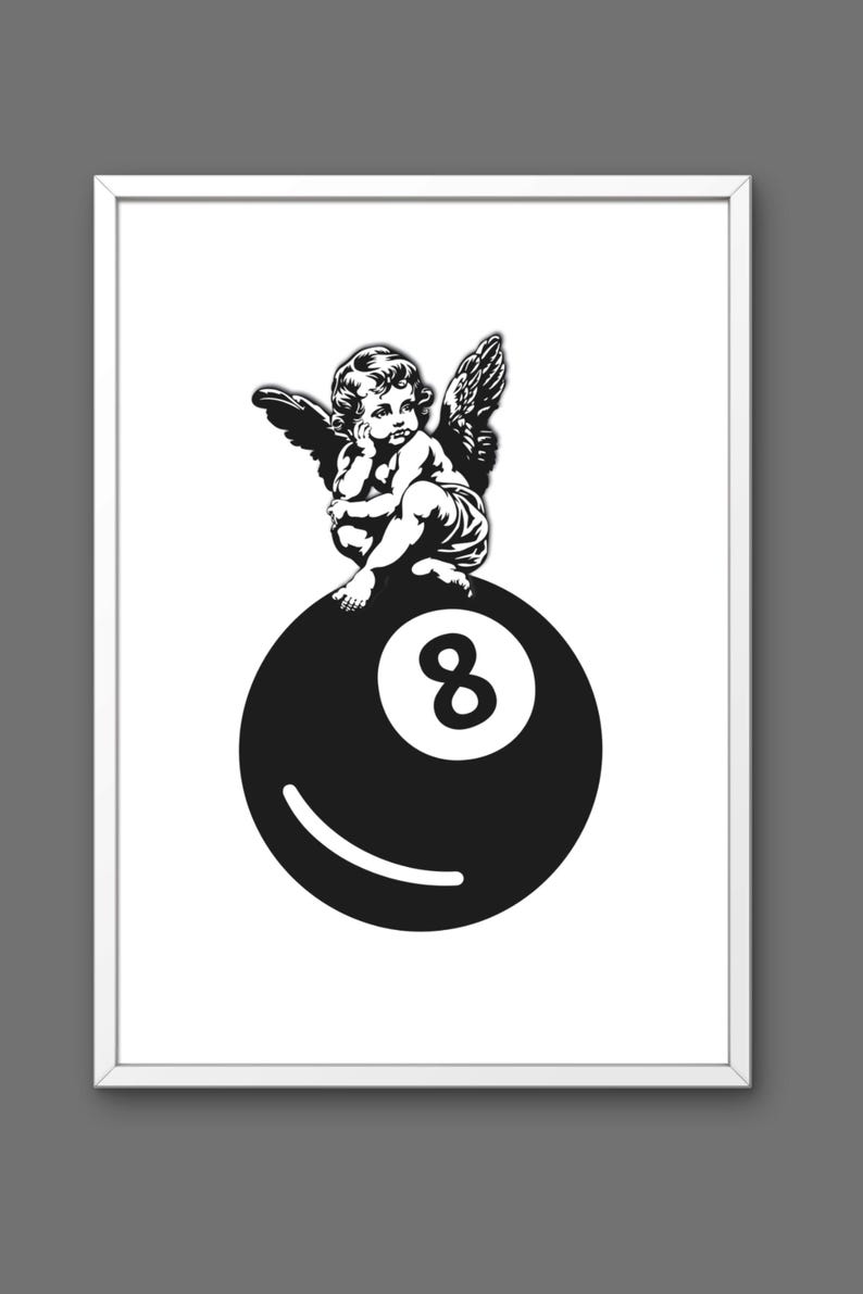8 Ball Cherub Digital Print, Retro Lucky Angel Poster, Funky Y2K ...