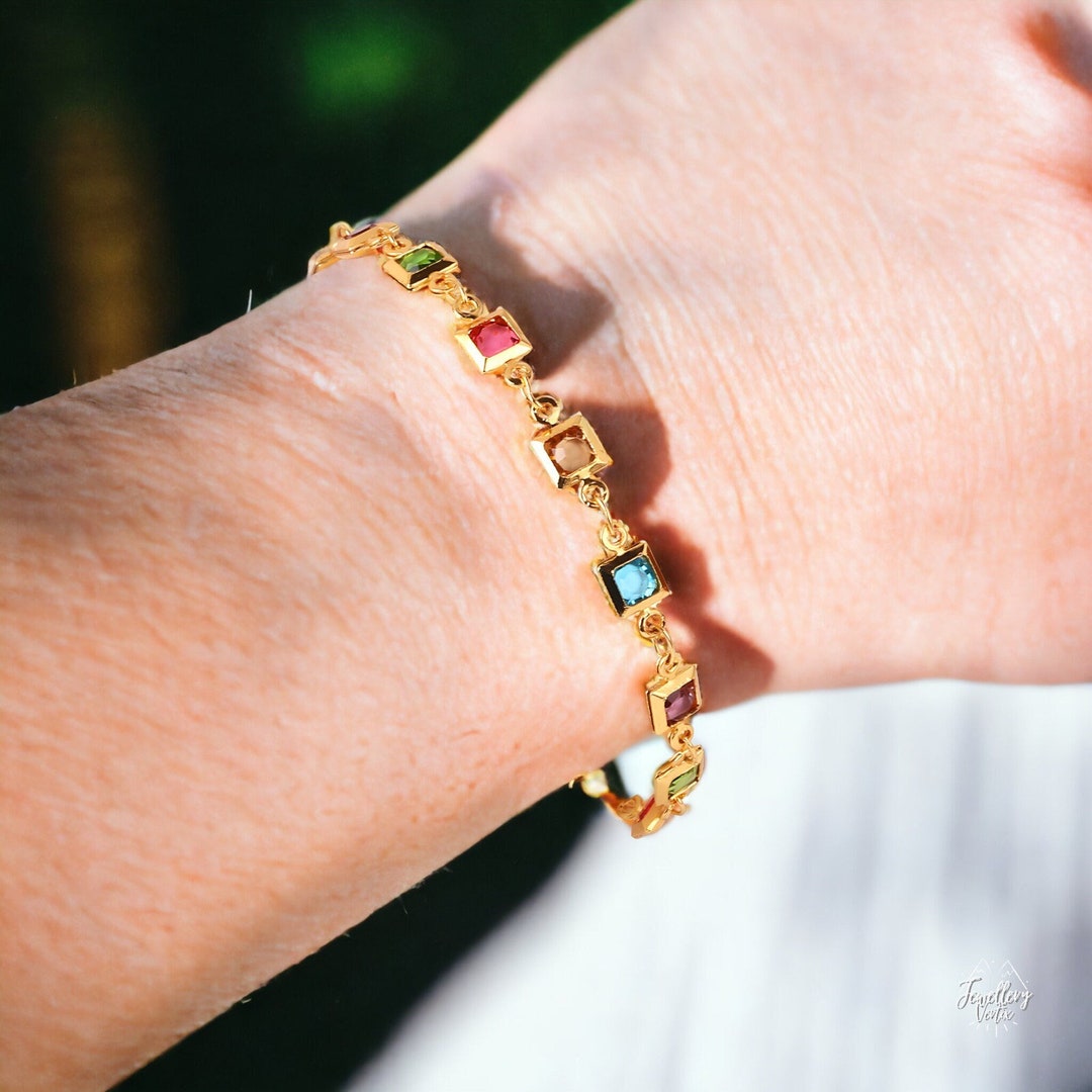Handmade Colorful Gemstone Gold Plated Chain Bracelet, 18K Gold ...