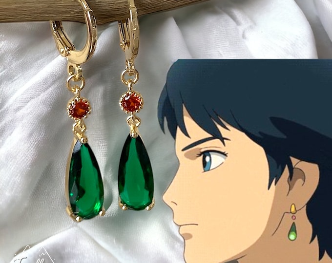 Gold Howls Moving Castle Earrings, Cubic Zirconia Emerald Charming Jade ...
