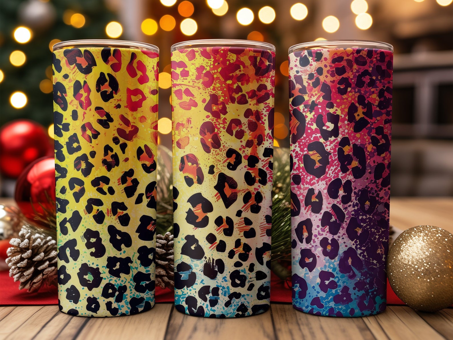 Leopard Print 20oz Skinny Tumbler Wrap, Rainbow Animal Print Digital ...