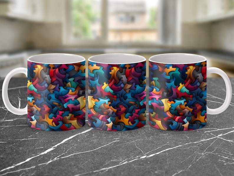 Colorful Puzzle Pieces Mug, Abstract Jigsaw Pattern, Unique Coffee Cup ...