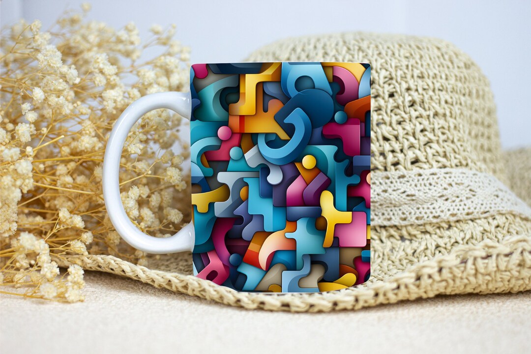 Colorful Puzzle Pieces Coffee Mug, Abstract Jigsaw Pattern Mug, Unique ...