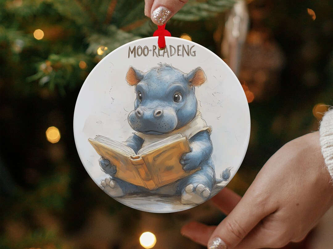 Cute Baby Moodeng Hippo Reading Book Ornaments, Christmas Ornament Gift ...