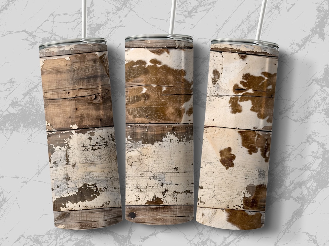 Rustic Cowhide and Wood Print Tumbler Wrap, Digital 20oz Skinny Tumbler ...