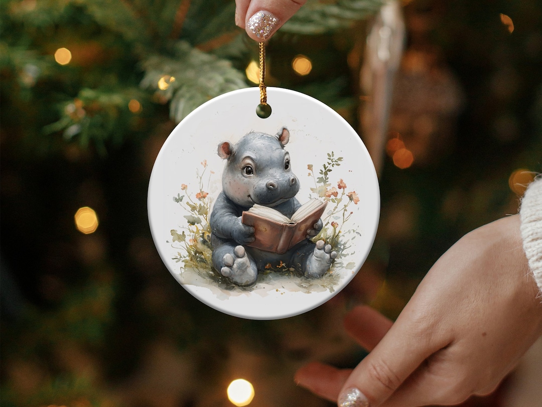 Adorable Moodeng Hippo Reading A Book Decorative Ornaments, Christmas ...