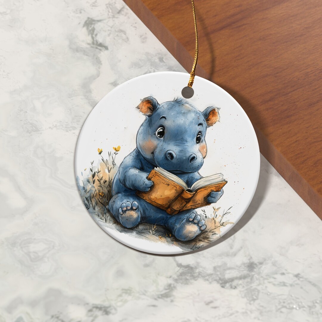 Adorable Reading Moodeng Hippo Illustration Ornaments, Christmas ...