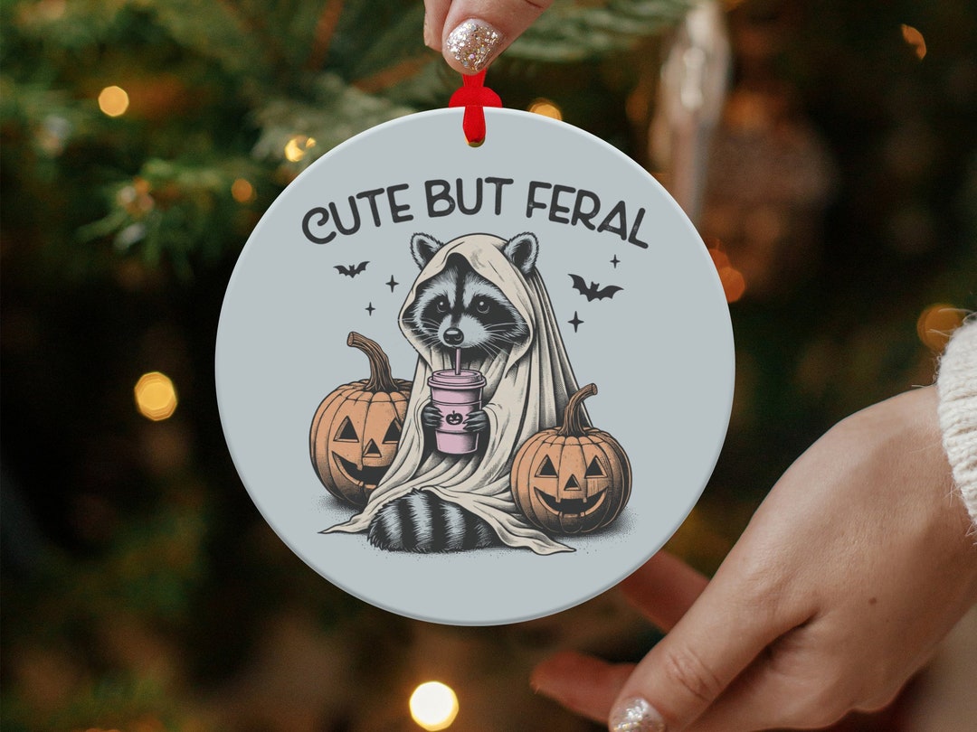 Cute but Feral Halloween Ornament | Ghost Raccoon With Pumpkins and ...