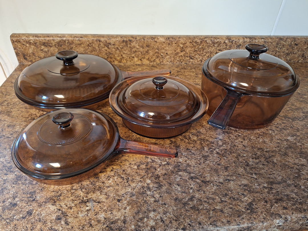 Vintage Corning Visions Glass Cookware Visionware Amber Brown 8 Pieces ...