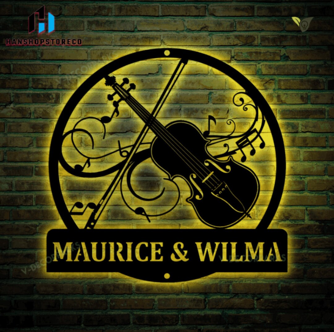 Custom Violin Music Monogram Metal Sign LED RGB Lights, Personalized ...