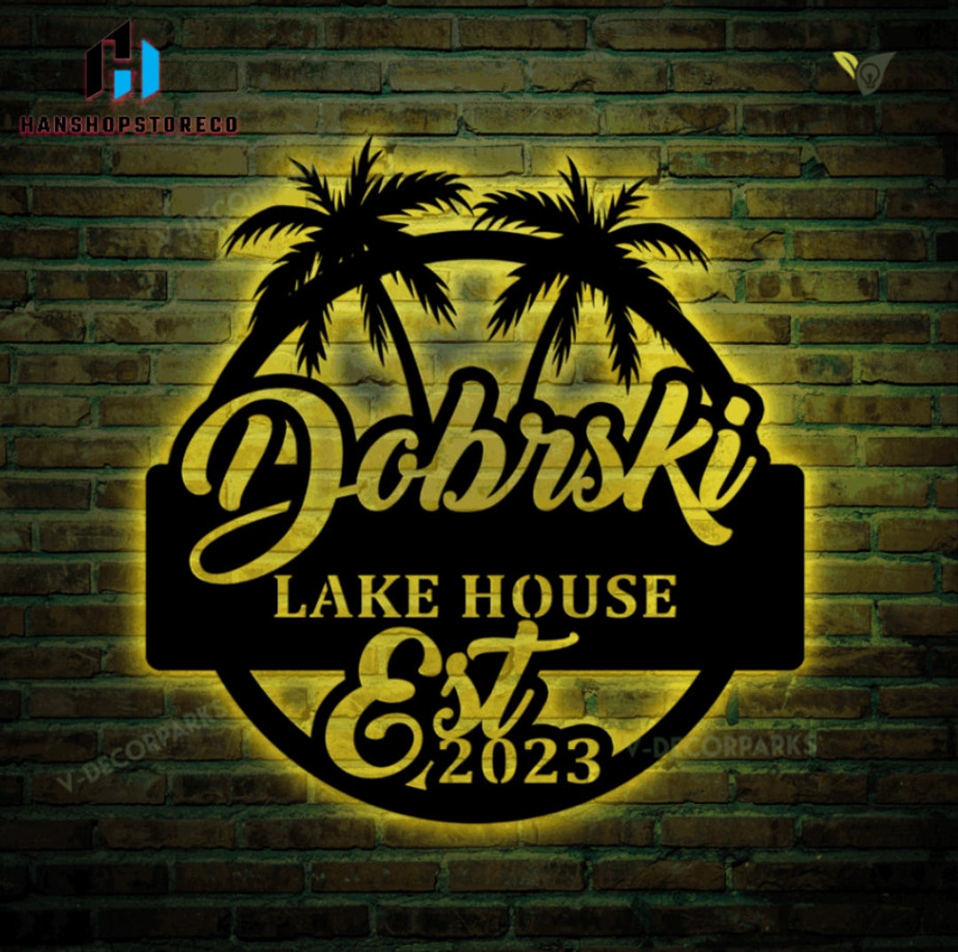 Custom Beach House Metal Sign LED Lights, Personalized Lake House Sign ...