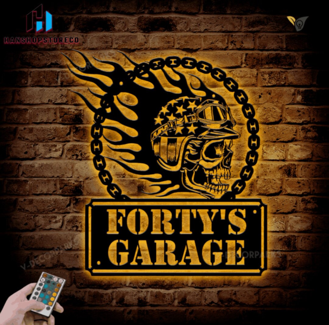 Custom Garage Skull Monogram Metal Sign LED RGB Lights, Personalized US ...