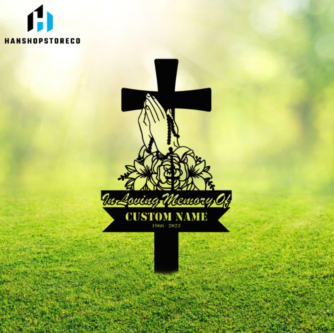 Custom Cross With Praying Hand Memorial Metal Stakes, Personalized ...