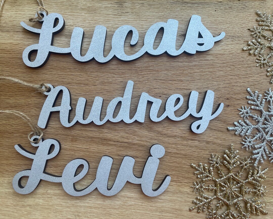 Silver Cursive Name Tag Cut Out Stocking Tag, Custom Glitter Gift Tag ...