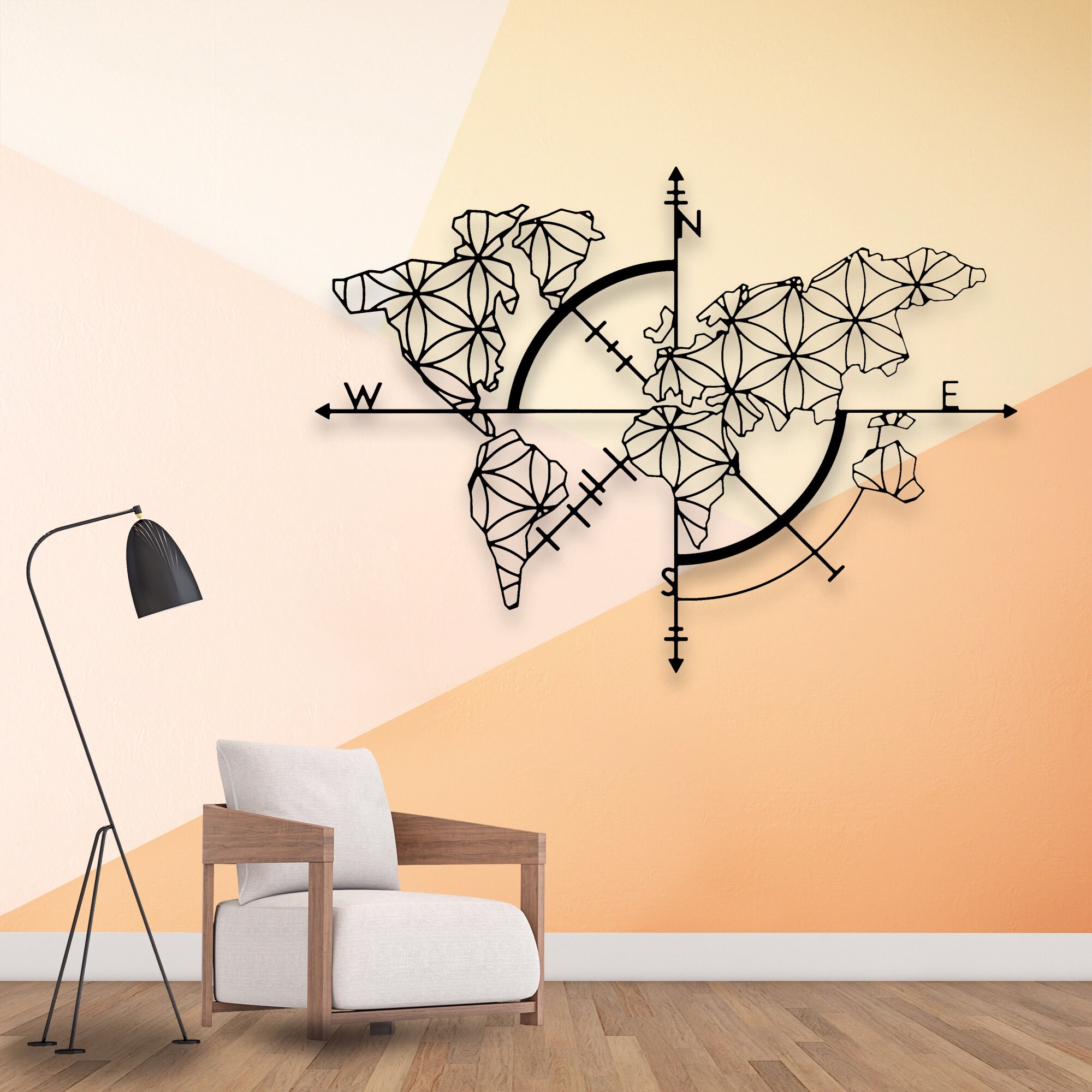 Metal World Map Wall Art, Geometric World Map Compass, Metal Wall Decor ...