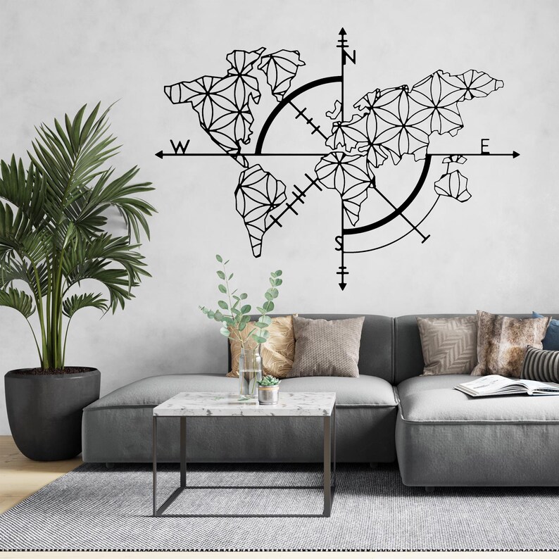 Metal World Map Wall Art, Geometric World Map Compass, Metal Wall Decor ...