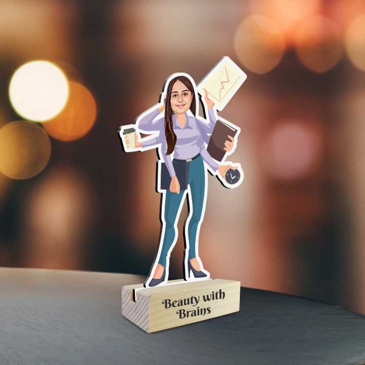 3D Wooden Multitasker Woman Caricature Figurine, Female Bobblehead ...