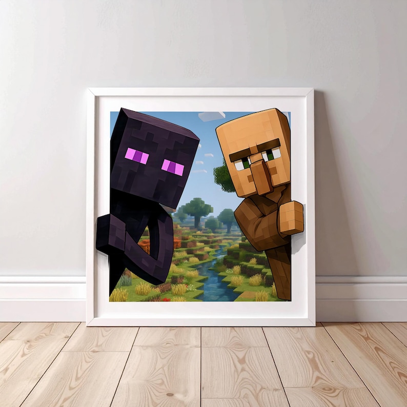 Minecraft Enderman & Villager Wall Art – Block Pixel Poster for Kids ...