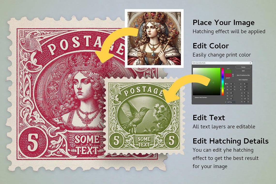 Editable Postage Stamp Template – Vintage Engraving Effect, Photoshop ...