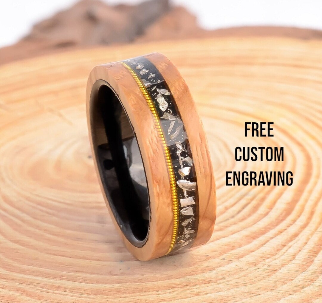 Tungsten Men's Ring: Guitar String, Meteorite, Whiskey Barrel Wood ...