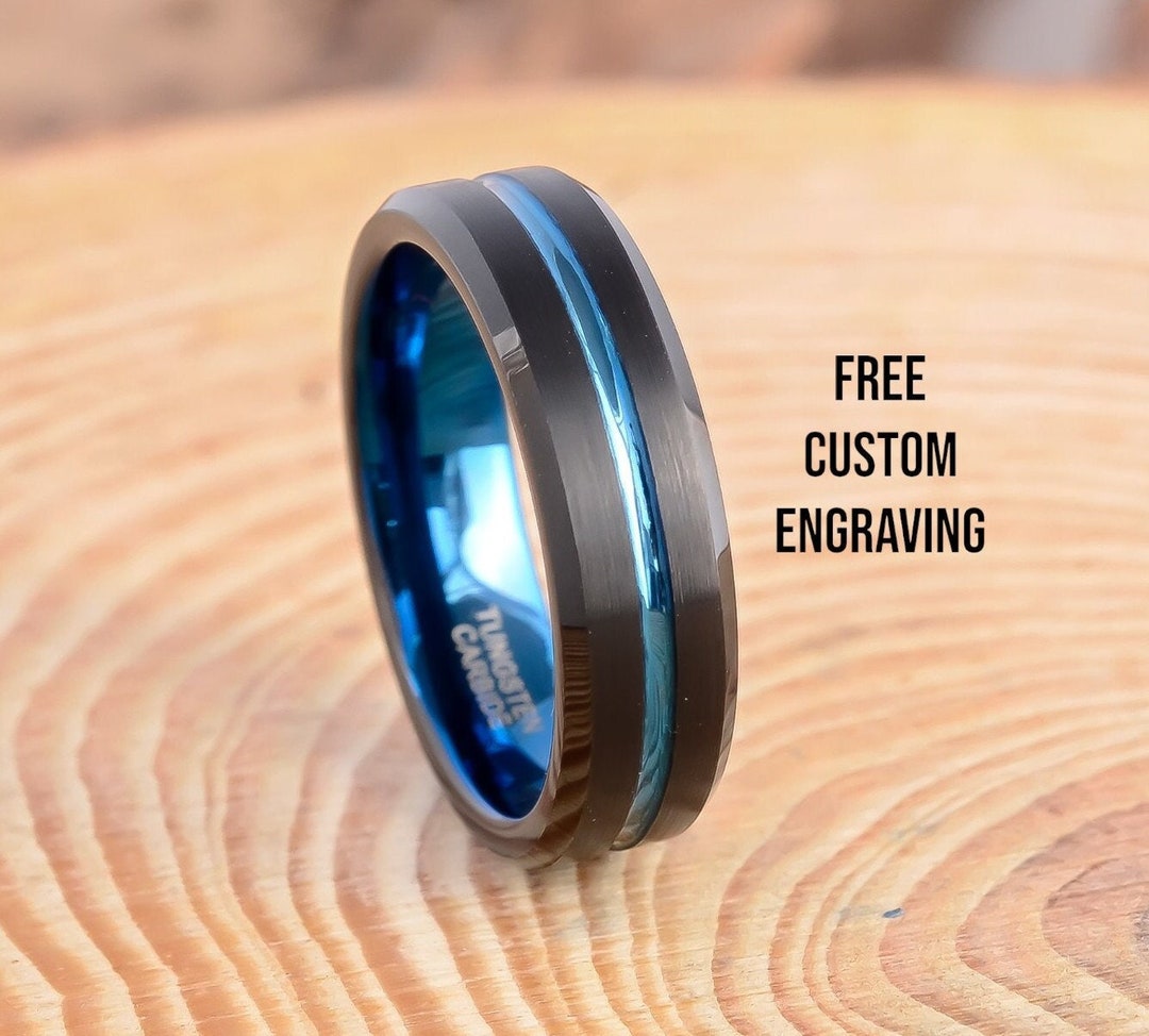 Blue&black Mens Tungsten Ring Blue Line Design Wedding Band Personalise ...