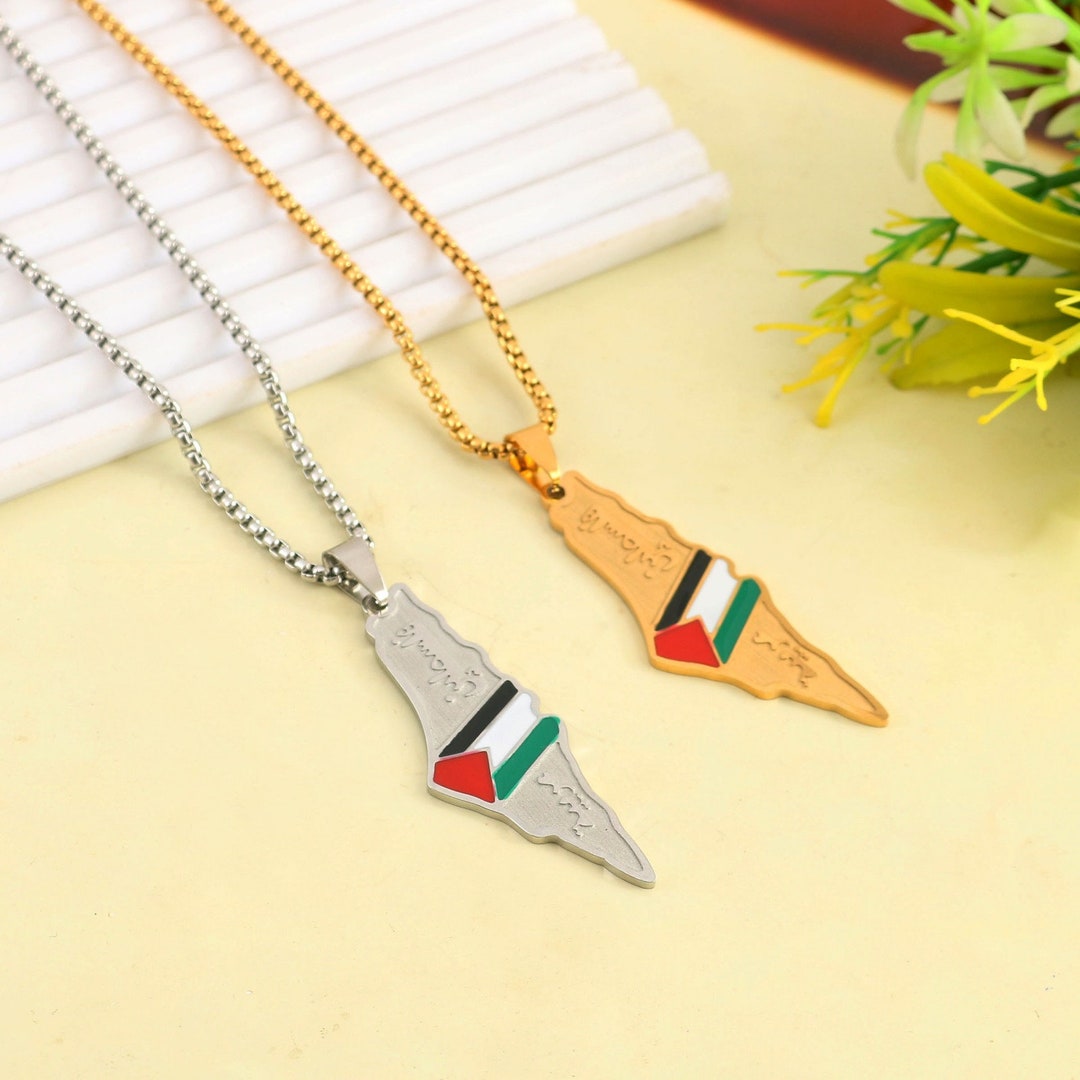 18k Gold Plated Palestine Flag Necklace, Map of Gaza Palestine Necklace ...
